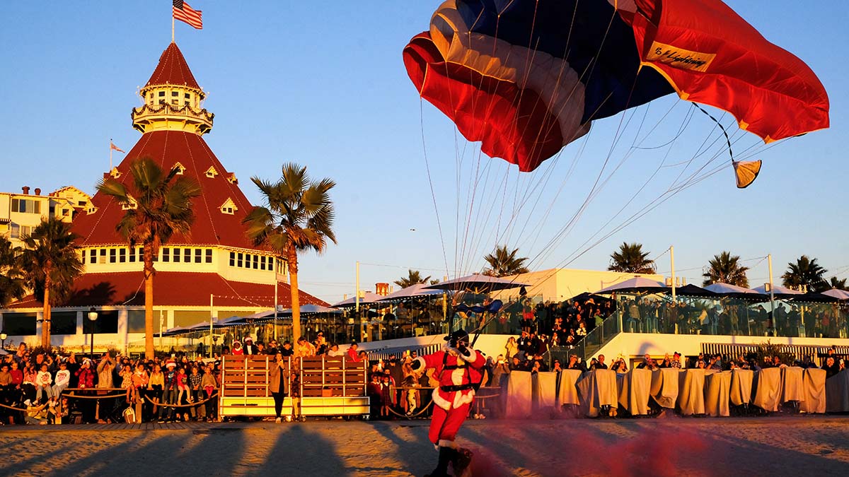 Deck the Del: Coronado Hotel Kicks off Season with Santa Skydiving ...