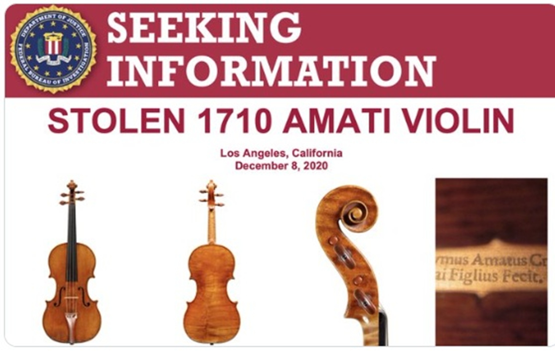 $500K+ Amati Violin missing: FBI reopens Los Feliz theft case